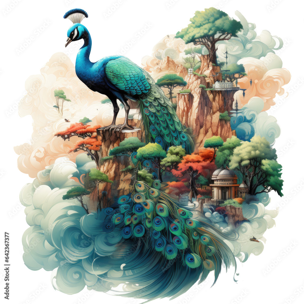 Watercolor Peacock t-shirt design, a peacock taking flight in a surreal ...