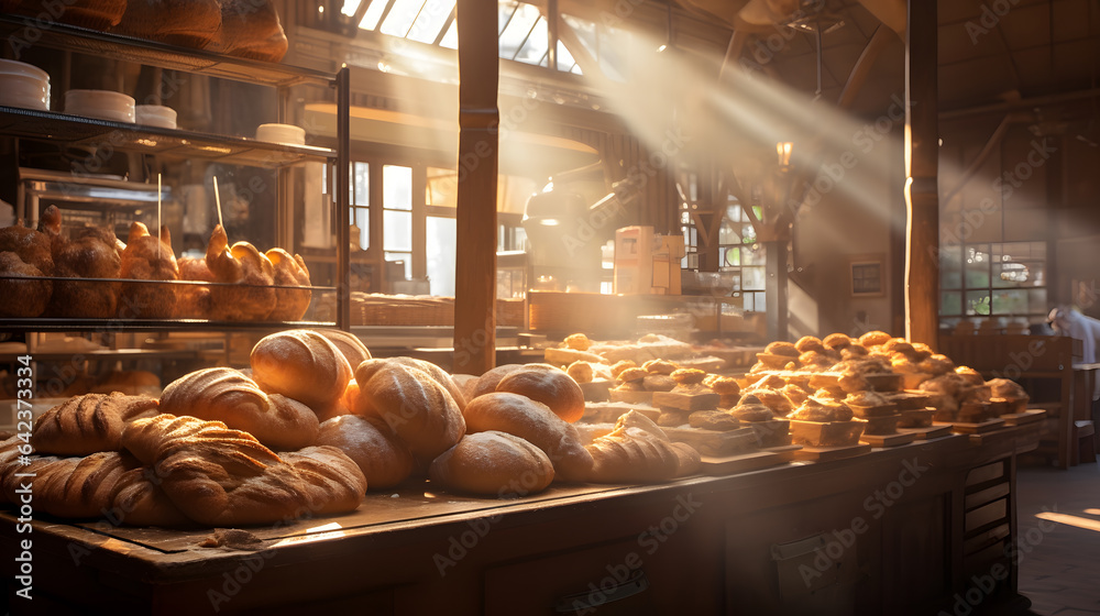Early morning sunlight bathes a bakery scene, illuminating rows of ...