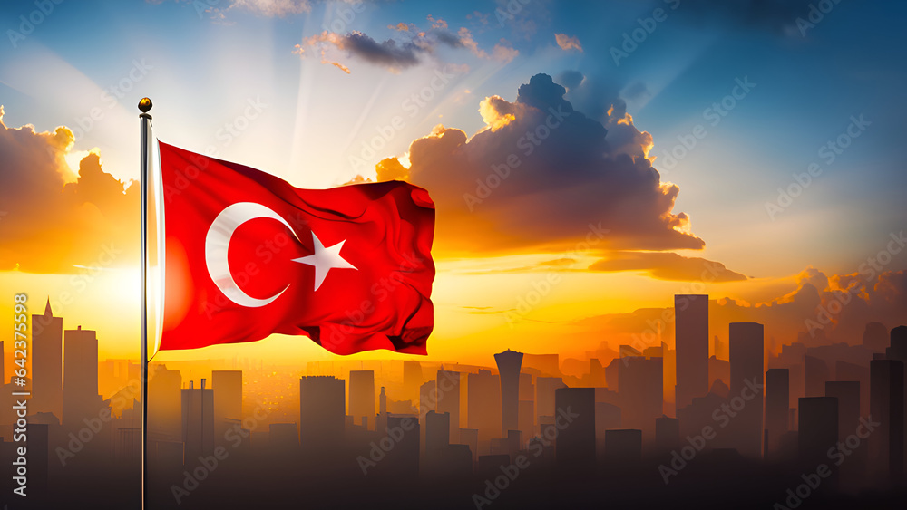 3d Turkey flag with mast at amazing sunrise. Turkish flag waving over ...