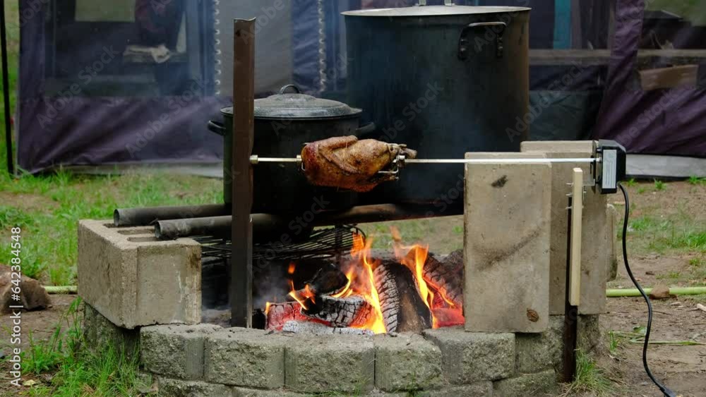 Using automatic rotisserie to cook fresh duck using fire pit and open ...