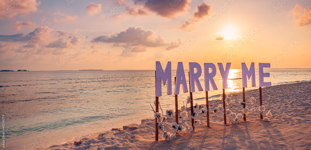 Love couple romantic proposal on paradise beach in island Maldives ...