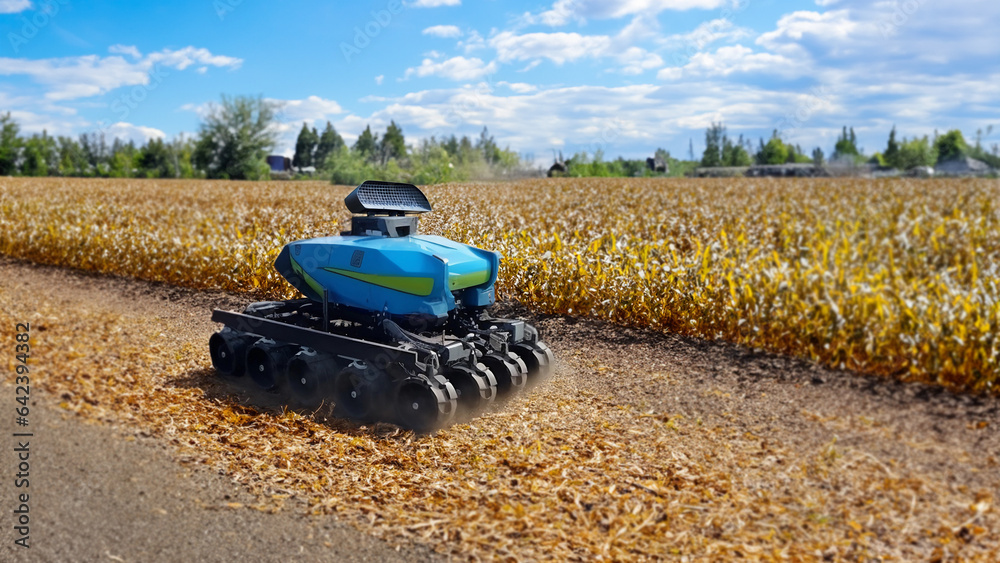Autonomous futuristic unmanned agricultural robot navigating through a ...