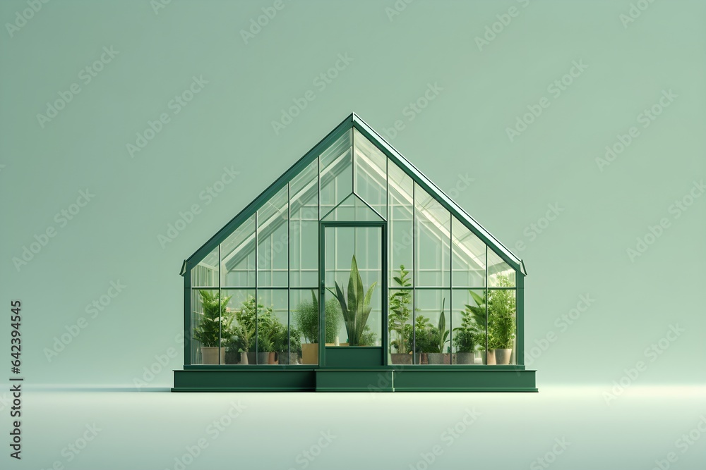 Modern greenhouse with trees isolated on white empty background in real ...