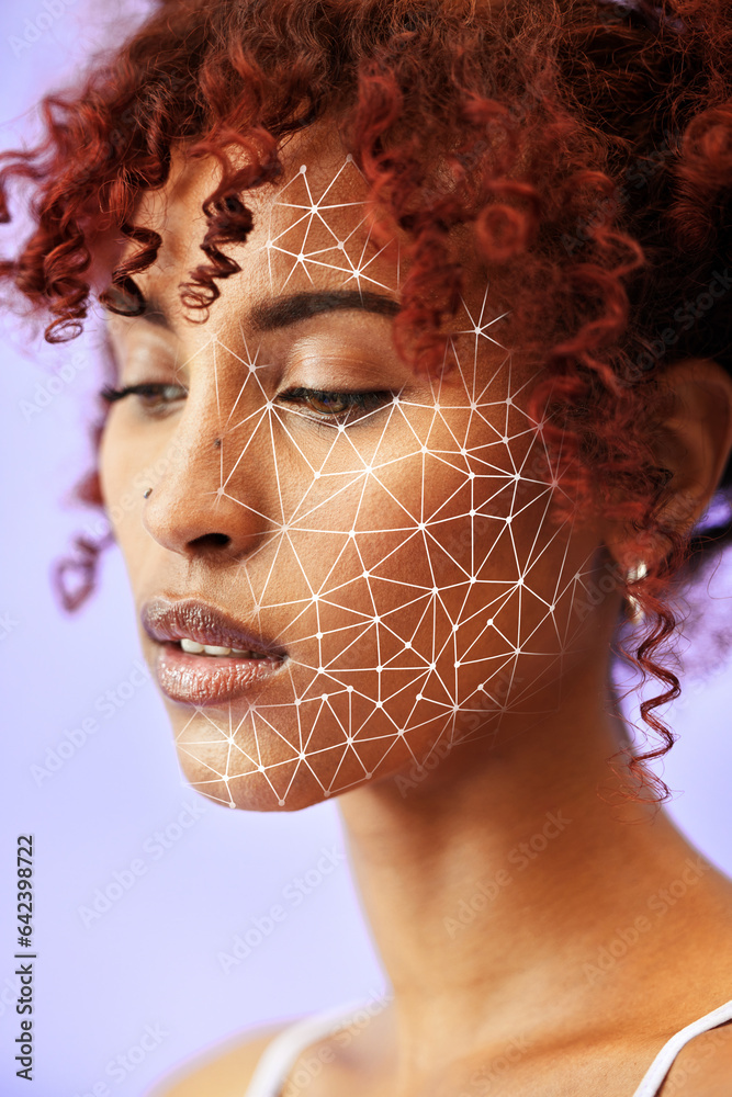 Skincare, facial recognition and grid for beauty with a woman on a ...