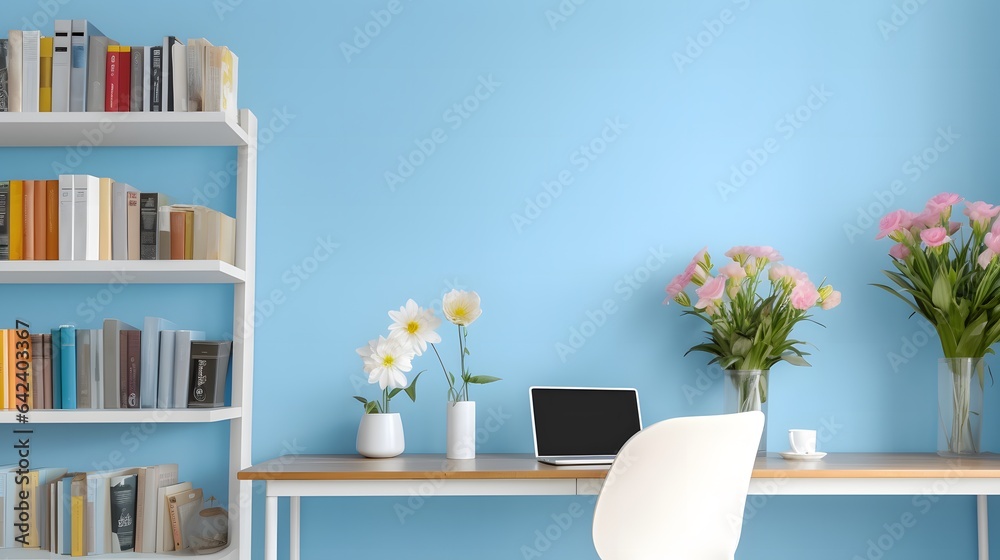 Blue virtual background with wooden bookshelf Stock Illustration ...