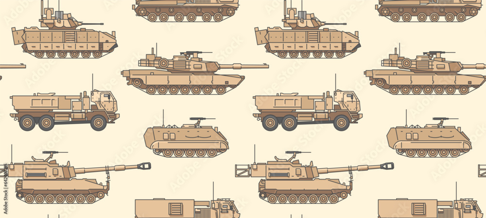 US military vehicles background. Seamless pattern with tanks, artillery ...