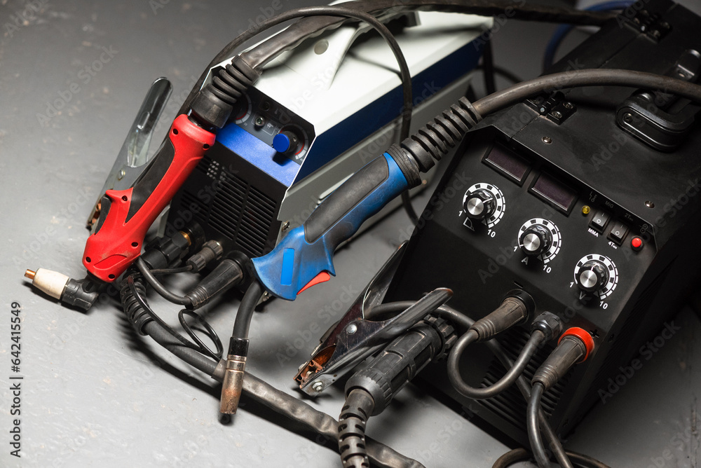 Welding concept background. Semi automatic welding machine and plasma ...