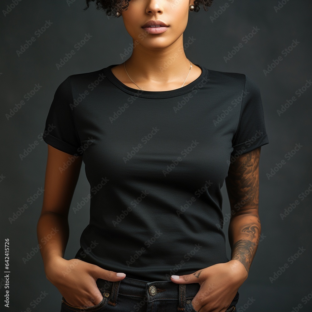 plain black tshirt worn by female model for mock up Stock Photo | Adobe ...