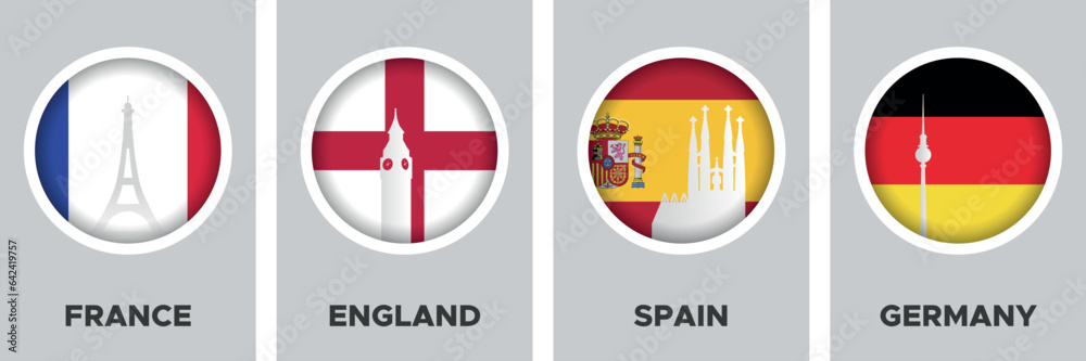 France England Spain Germany flag with skyline silhouette design ...