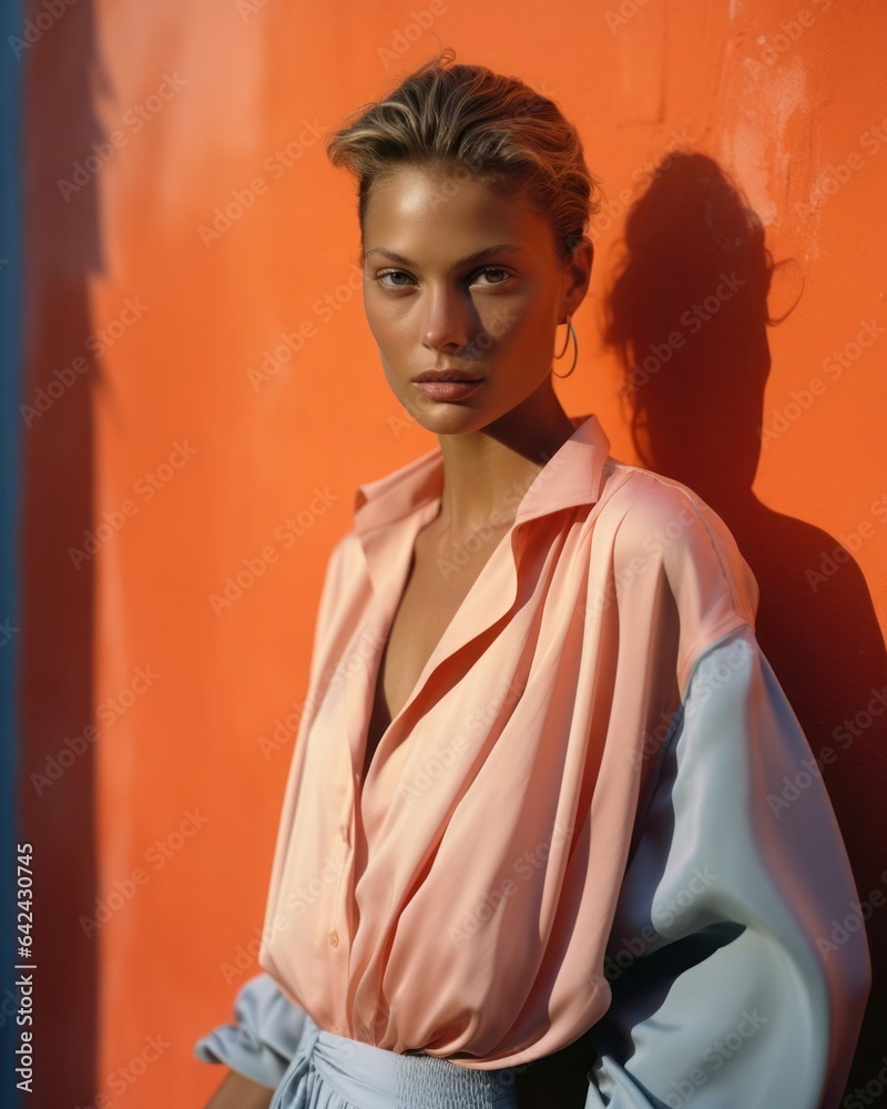 A model in a peach fuzz color outfit poses against a backdrop of pink ...