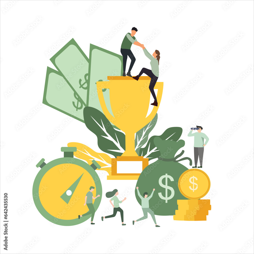 achieve success together, couple grabbing trophy on dollar bill ...