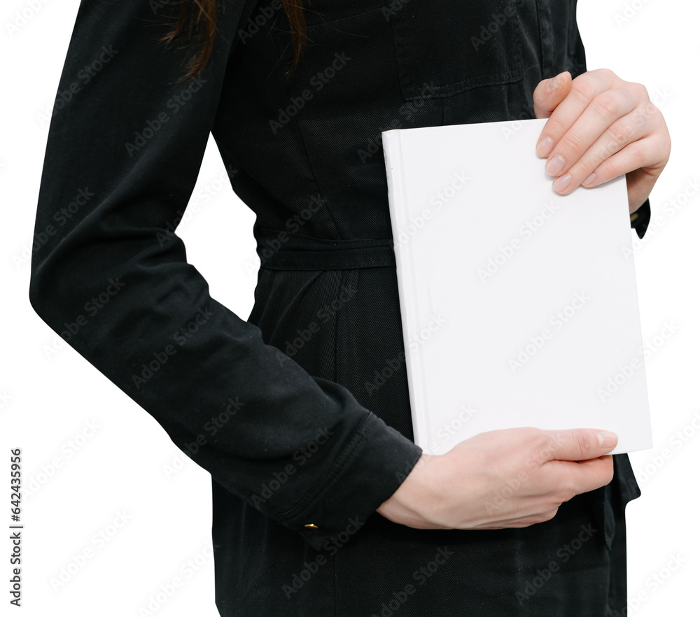 White book cover in woman's hands. Book cover for mock up Stock Photo ...
