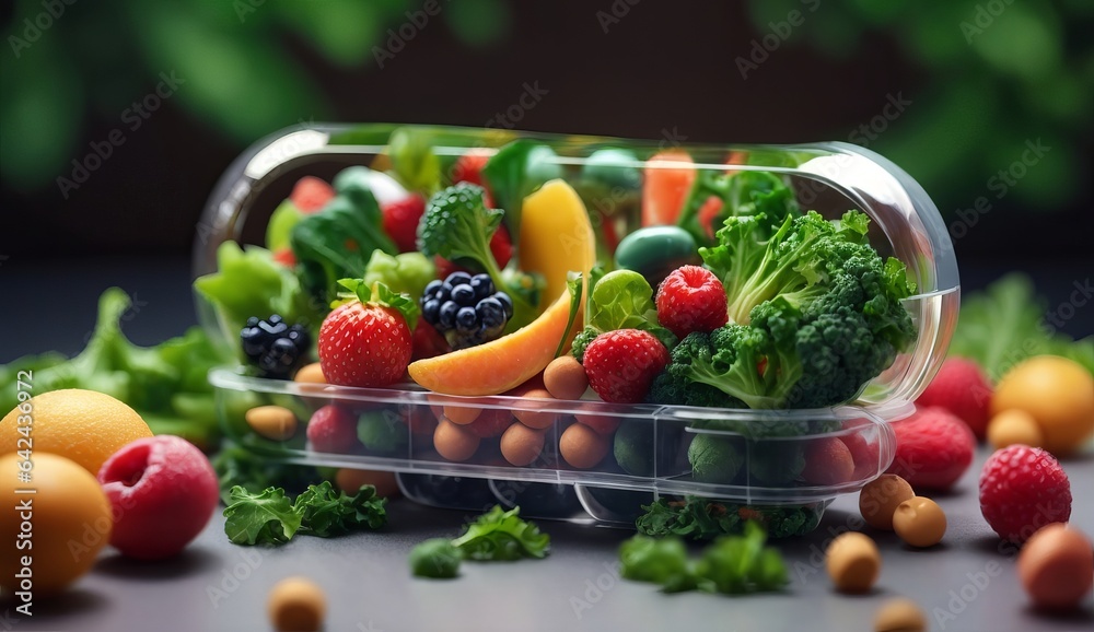 Healthy Food. Fruits and greens inside a pill. Food supplement concept ...