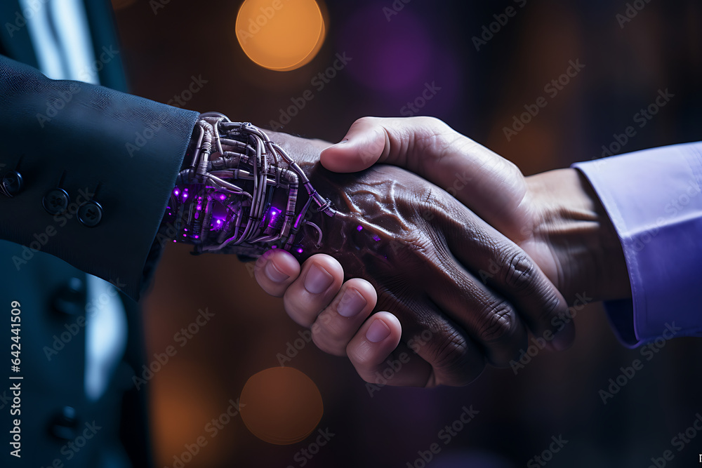 man shaking hand with an artificial intelligence, desktop background ...