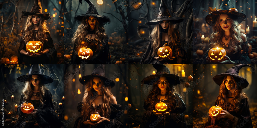 Witch ins a dark scary forest with a carved pumpkin, ready for ...