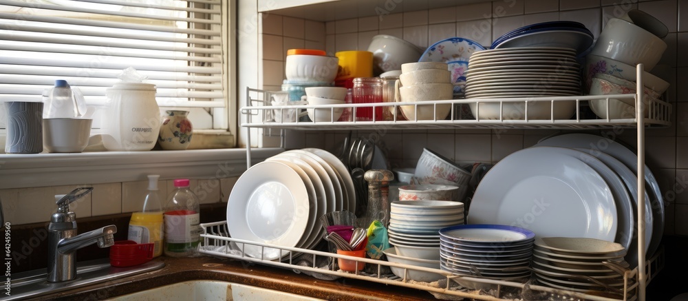 Disorderly office pantry with unwashed dishes in the sink and various ...