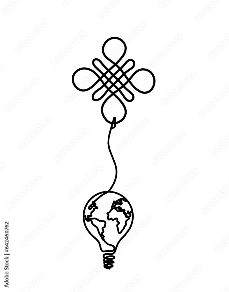 Sign of endless auspicious knot with light bulb as line drawing on the ...