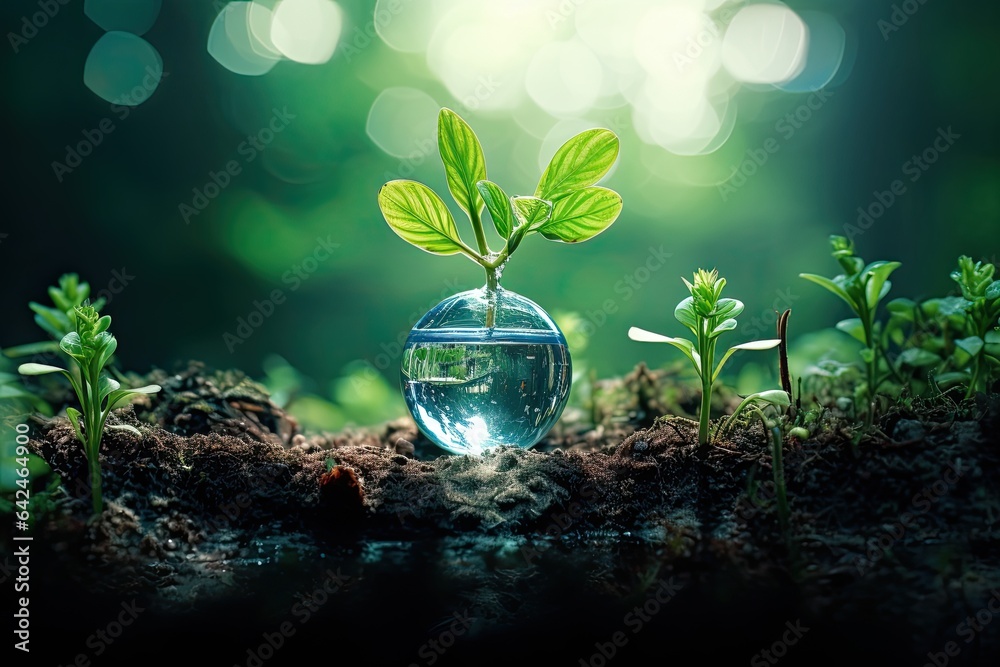 Drop of water falls from Earth in a water saving concept. Generative AI ...