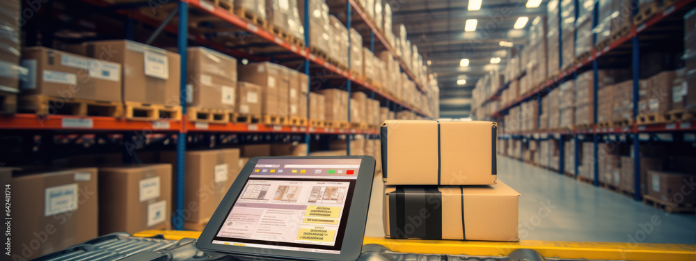 Computer tablet on blurred warehouse background Stock Photo | Adobe Stock