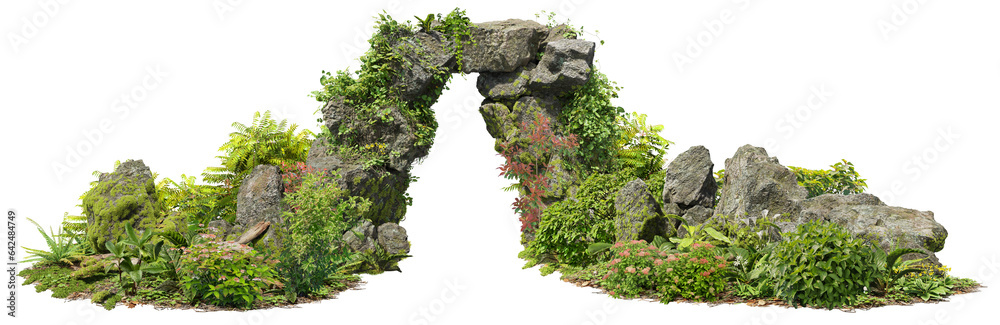 Cutout natural rock arch in the forest. Stone arch isolated on white ...