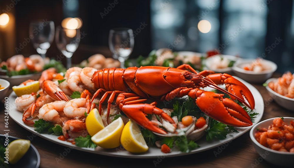 Seafood feast with a lobster, crab, and shrimp displayed on a seafood ...
