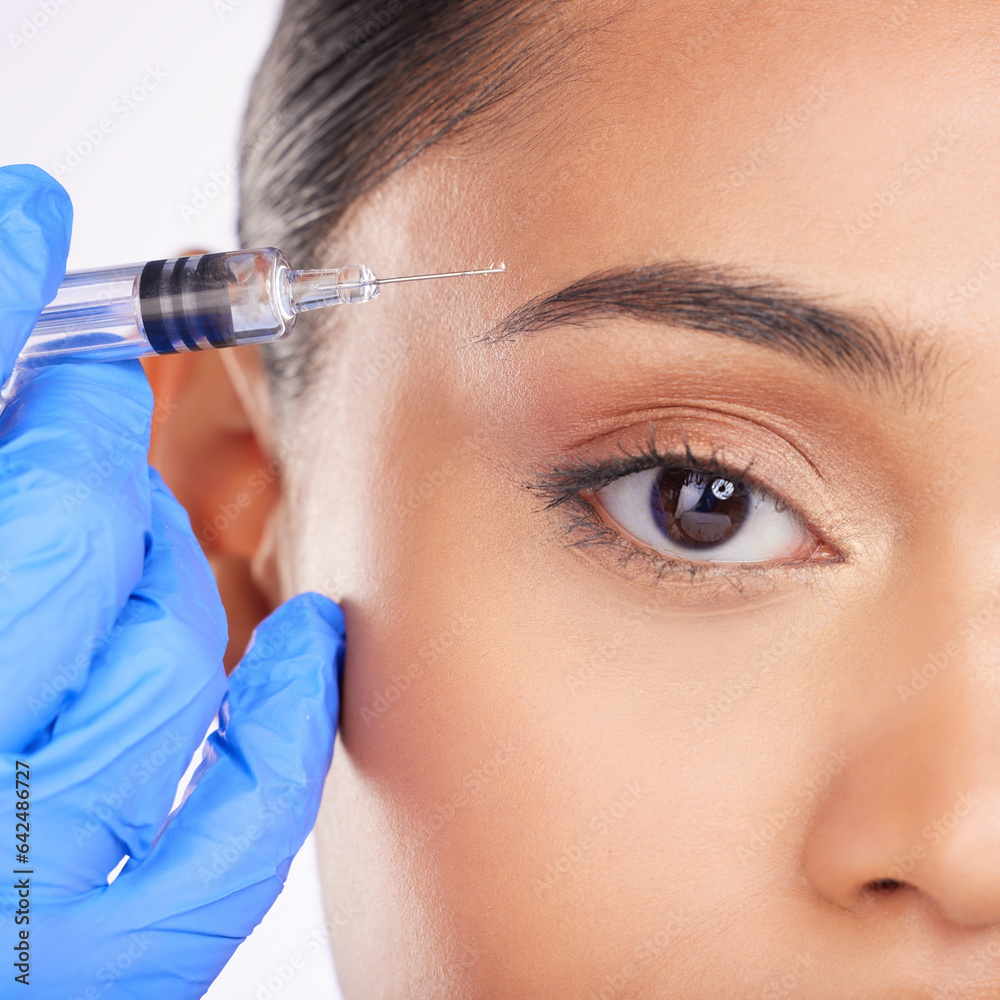 Eyebrow, woman and portrait of injection, plastic surgery and facial ...