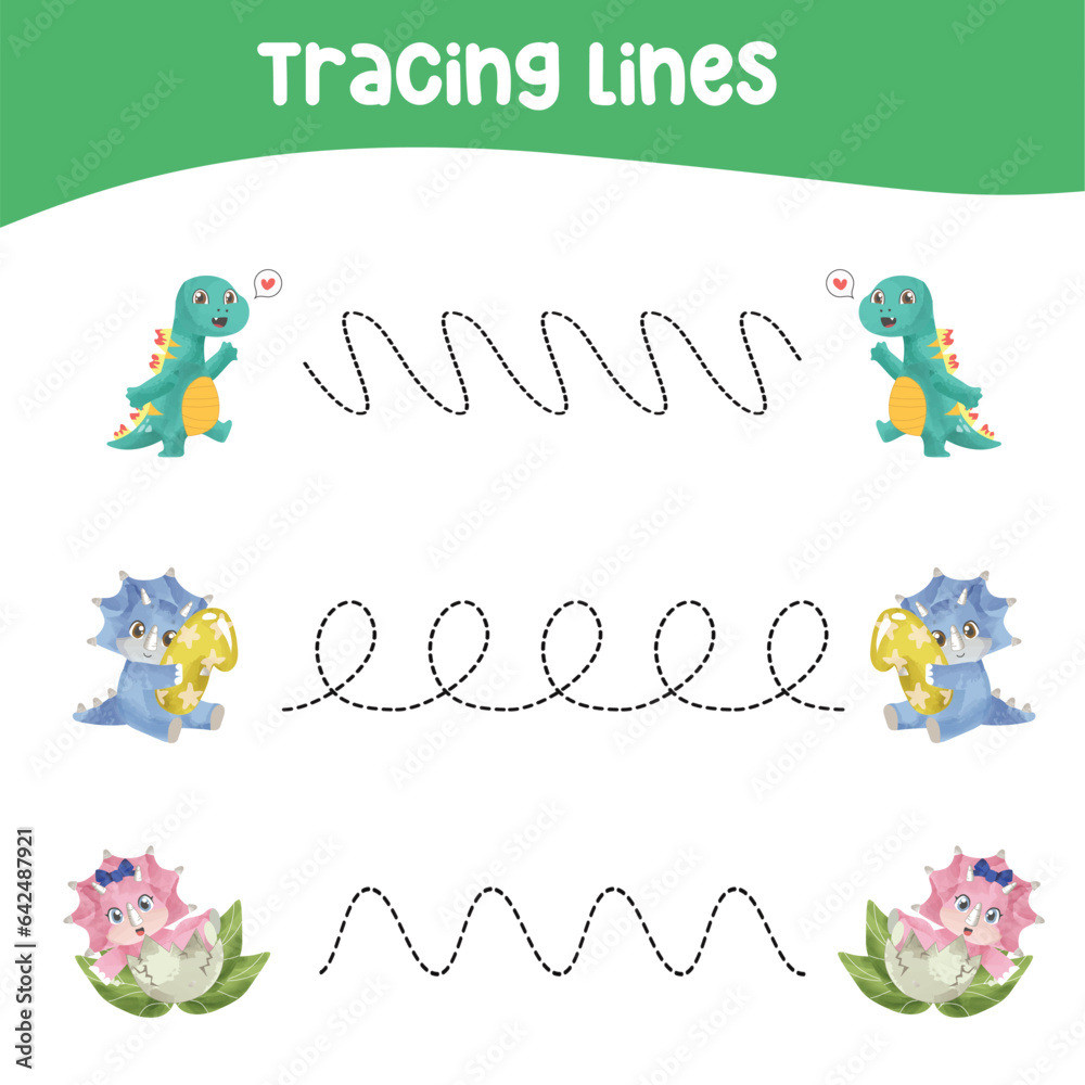 Tracing horizontal lines activity with cute baby dino theme. Tracing ...