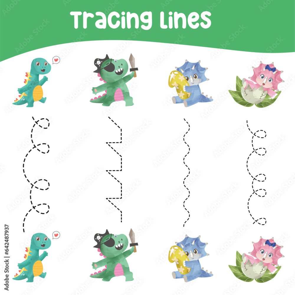 Tracing vertical lines activity with cute baby dino theme. Tracing ...