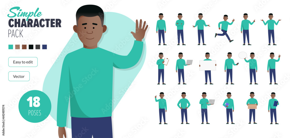 Simple flat black male vector character in a set of multiple poses ...