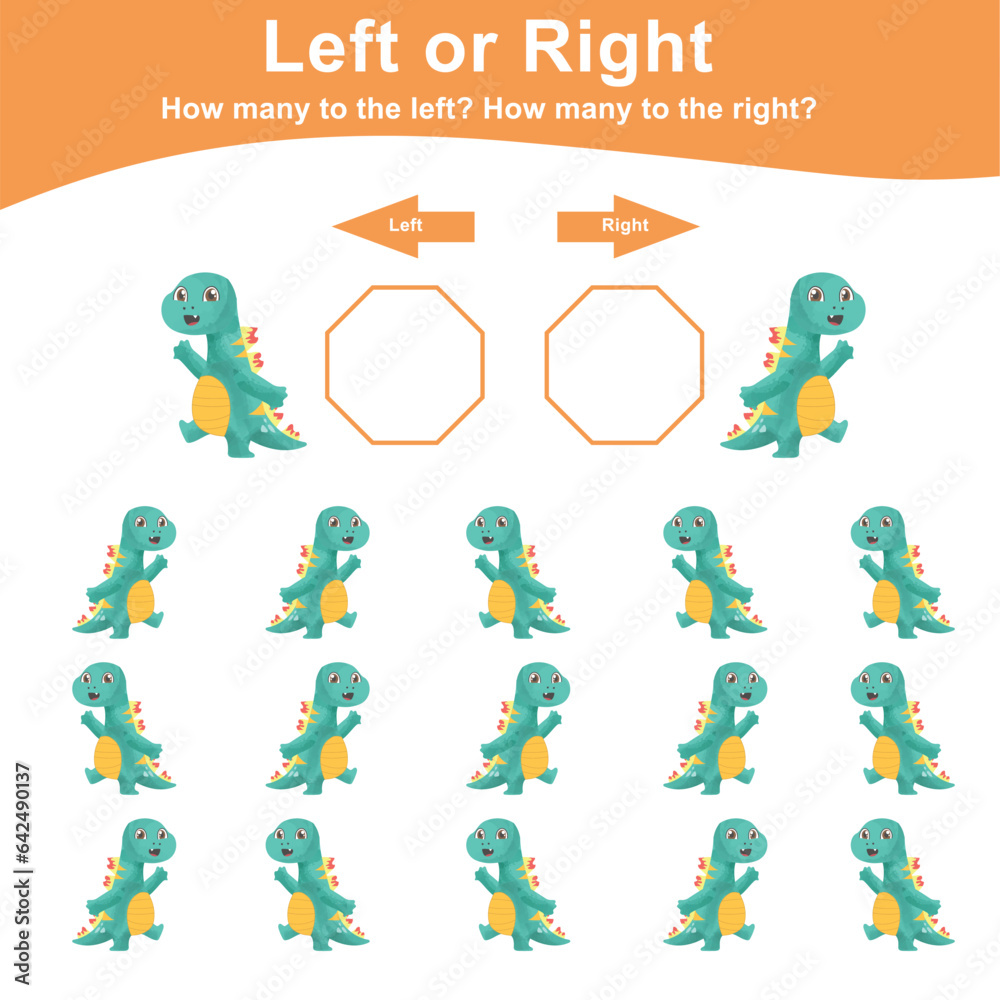 Left or Right math game for preschool. Counting how many cute baby dino ...
