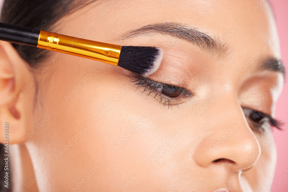 Woman, eyeshadow and makeup, beauty and brush with transformation and ...