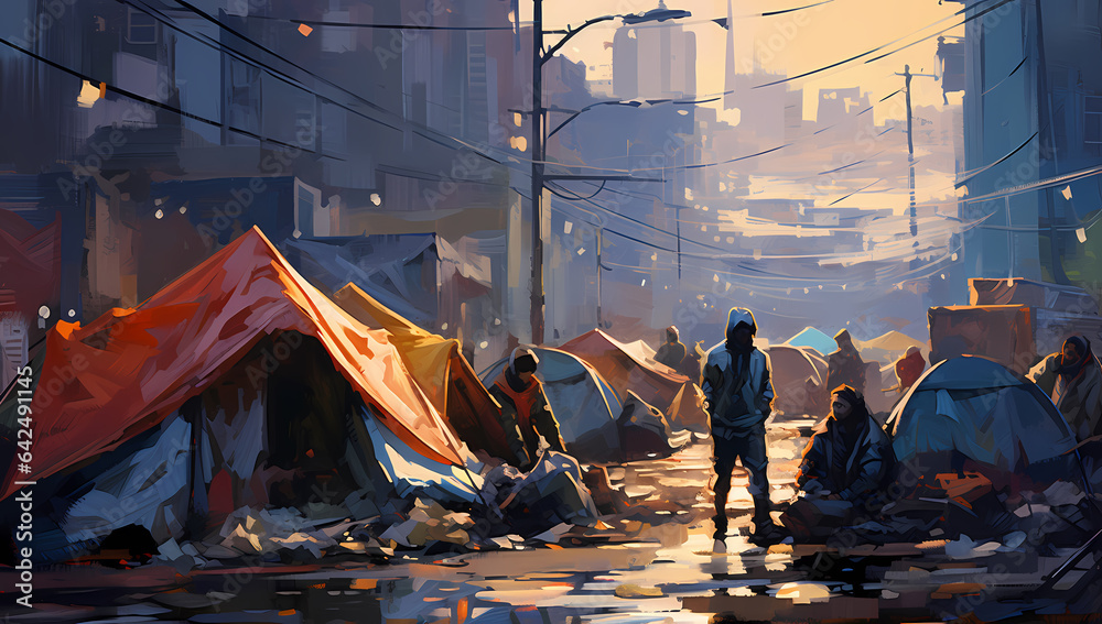Poverty and homelessness digital illustration, computer-generated to ...