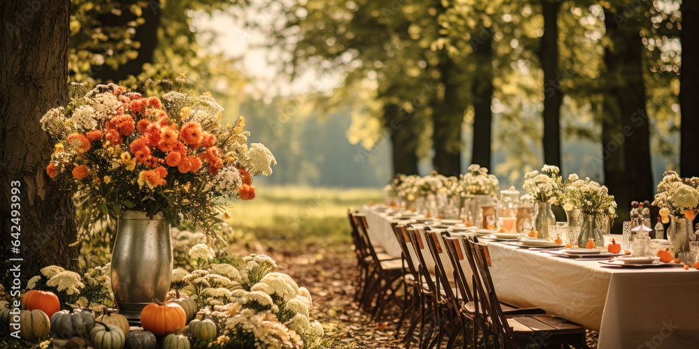 Autumn outdoor banquet table with flowers and pumpkins, wide, fall ...