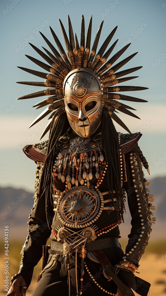 Foto de Warrior Masquerade: Model in a tribal mask and warrior attire ...