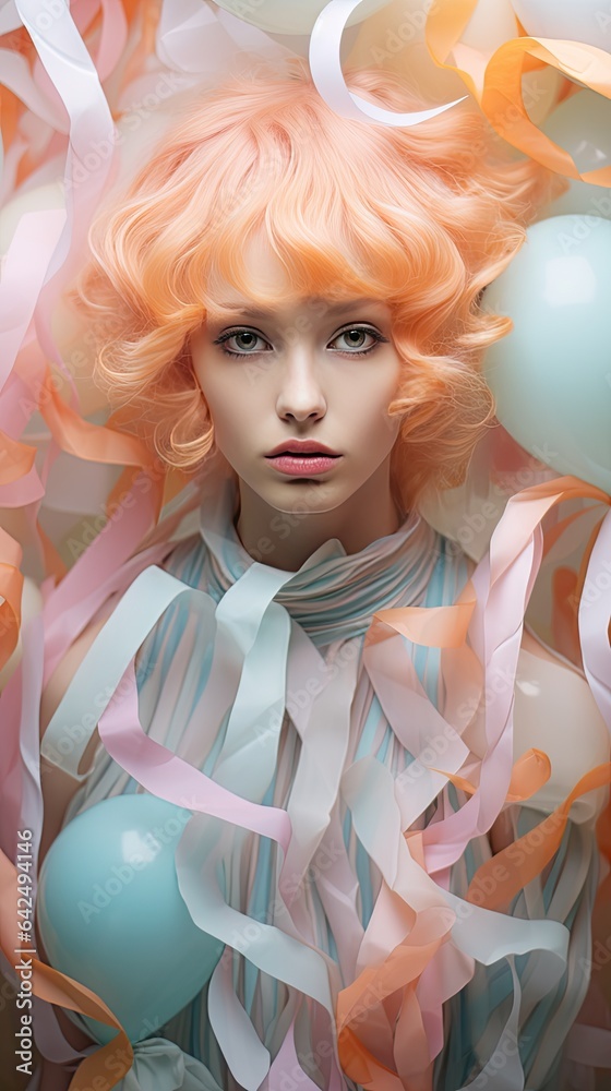 Foto de Whimsical Dreamer: Model wearing a pastel-colored mask with ...