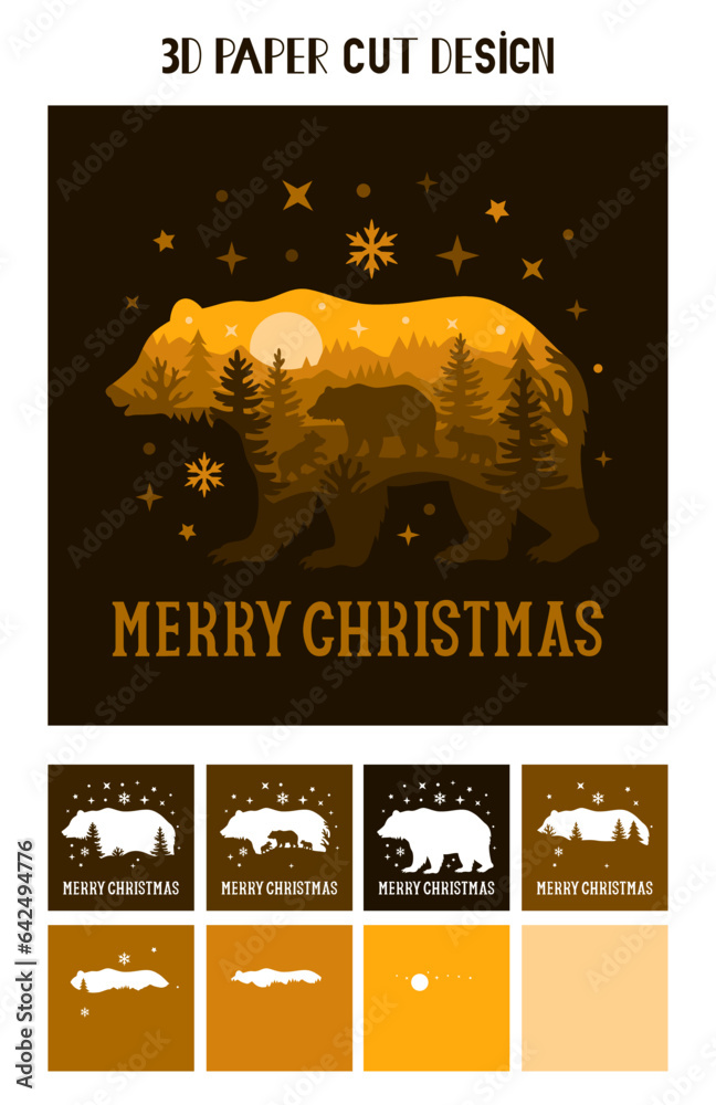 3D Bear Christmas shadow box. Vector layered tunnel card. Merry ...