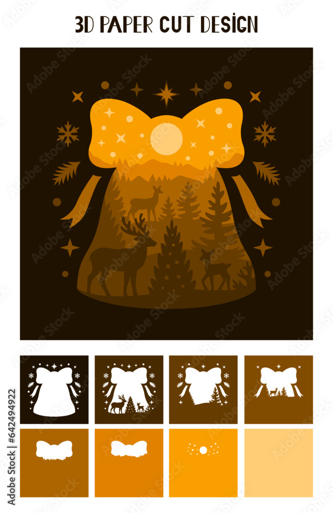 3D Christmas Bell shadow box. Vector layered tunnel card with deer and ...