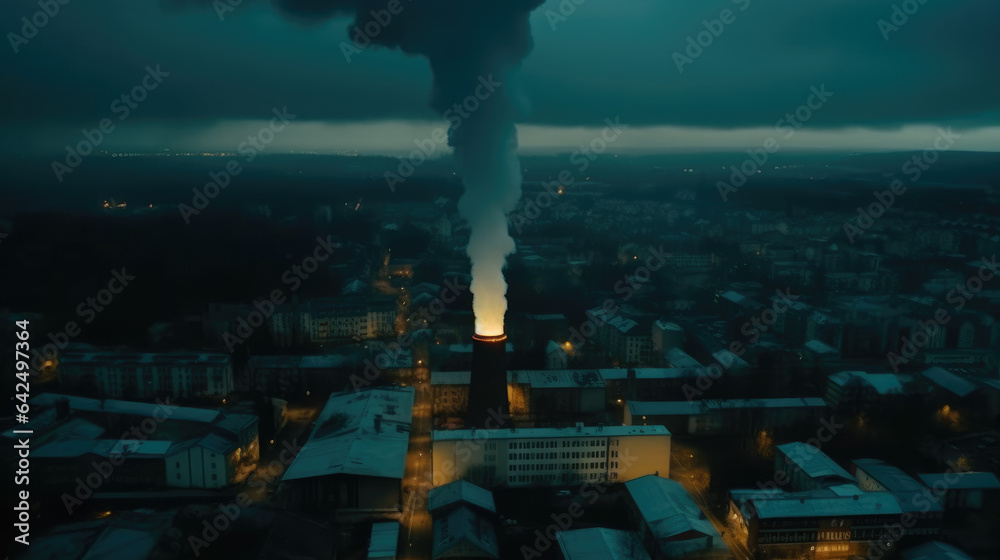 Aerial view of high smoke stack with smoke emission. Plant pipes ...