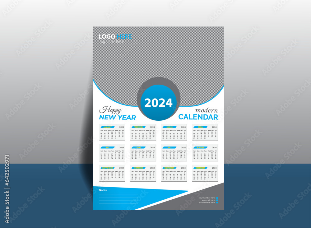 2024 wall calendar design template, One Page wall calendar design 2024 ...