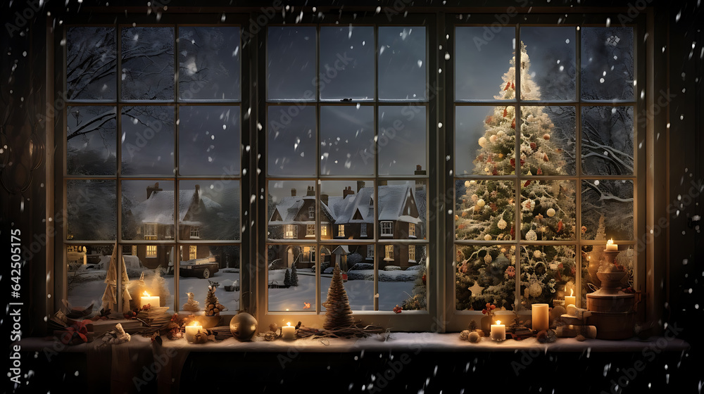 christmas tree with snowing outside large window Christmas Background ...