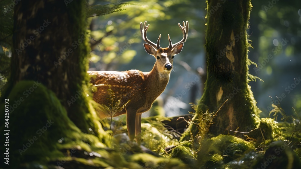 Deer standing in front of Trees in a green Forest. Sunlight falling ...