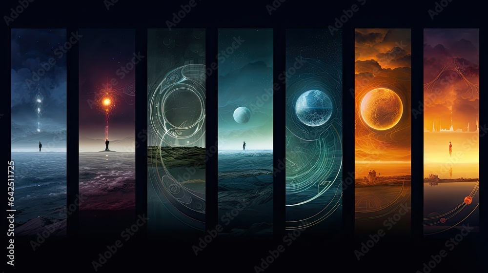 Abstract alien world. Seasons and planets concept art. Panels of ...