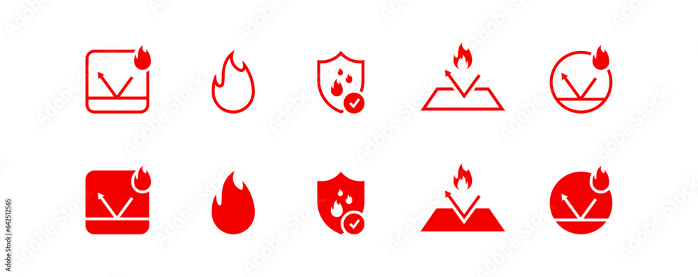 Fireproof icon set. Fire resistant materials. Fire resistance cover ...