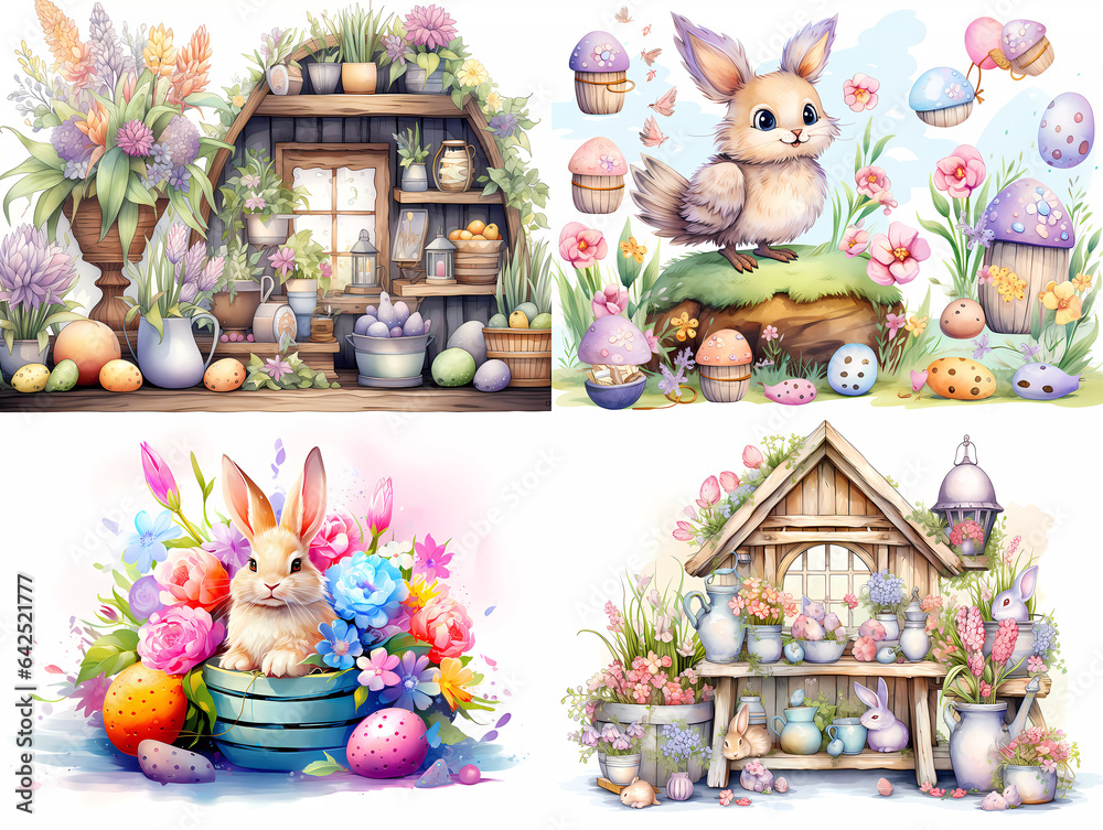 Spring garden theme clipart set with white background. Pastel ...