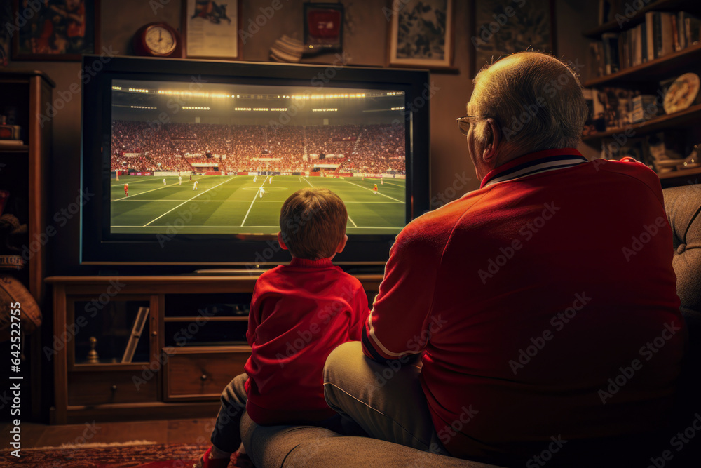 Grandfather and grandson watching football match on tv in living room ...