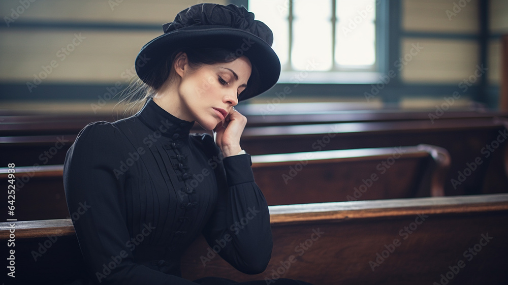 mature adult woman grieving wearing black clothes and black hat ...