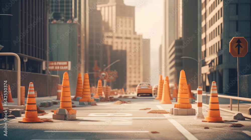 Road under construction cityscape street view with hole in asphalt ...