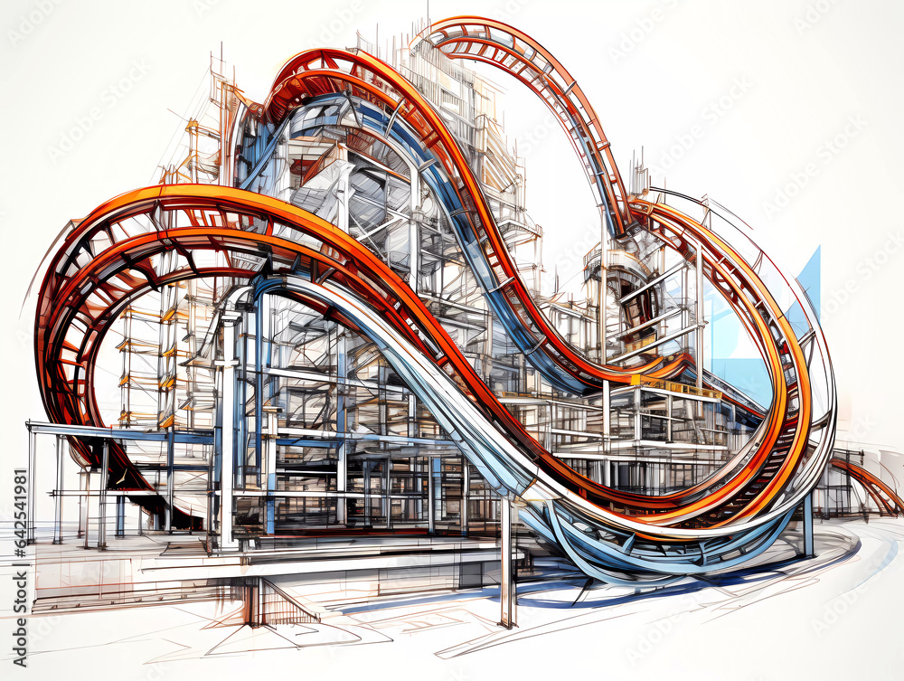 Architectural colored drawing of vintage roller coaster design ...