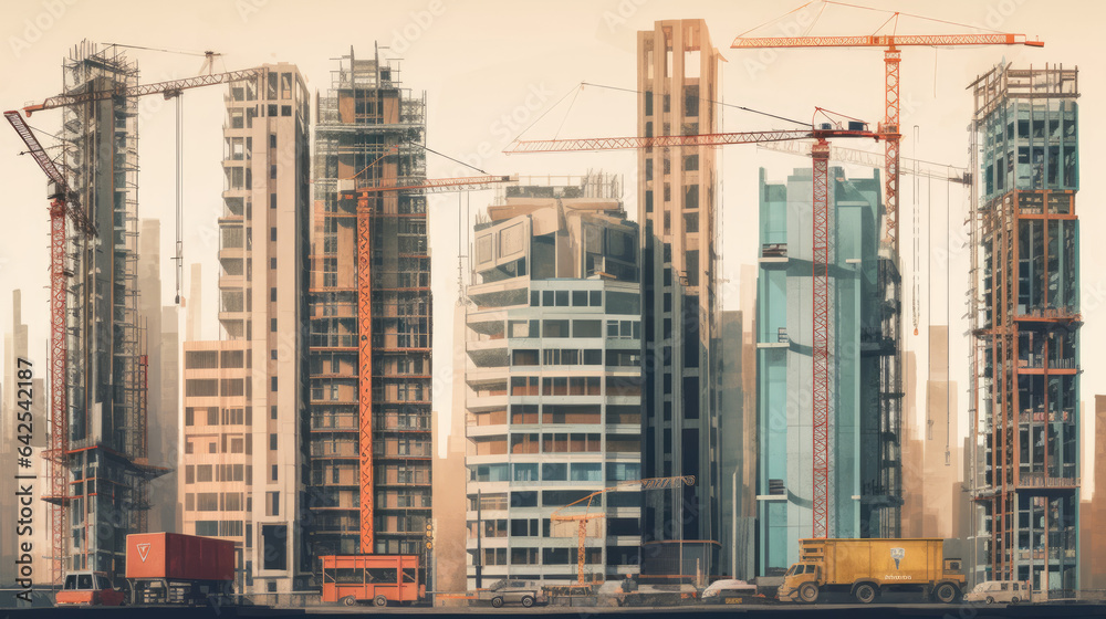 Urban building construction. Stages of big construction skyscraper in ...