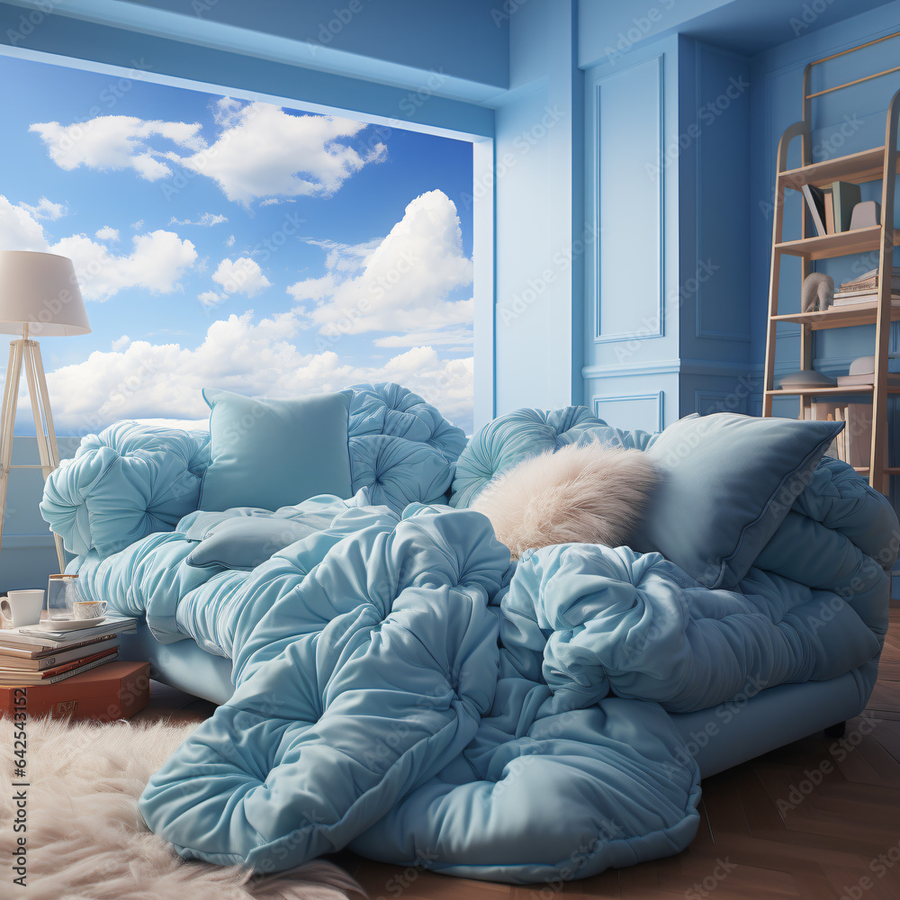 bed stand in a blue fluffy cloud in the sky symbolic for good sleep ...
